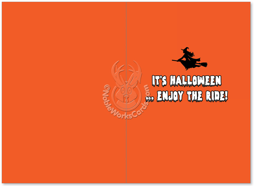 Broom Bicycle Rack Red Rocket Halloween Greeting Card