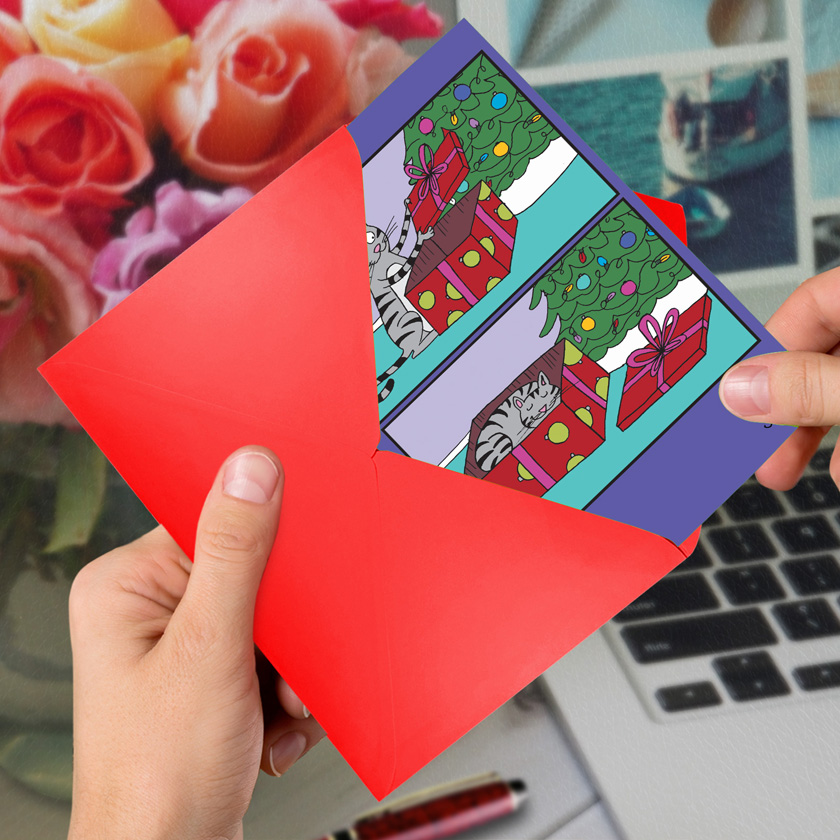 Cat Present Cartoon Christmas Card By Maria Scrivan