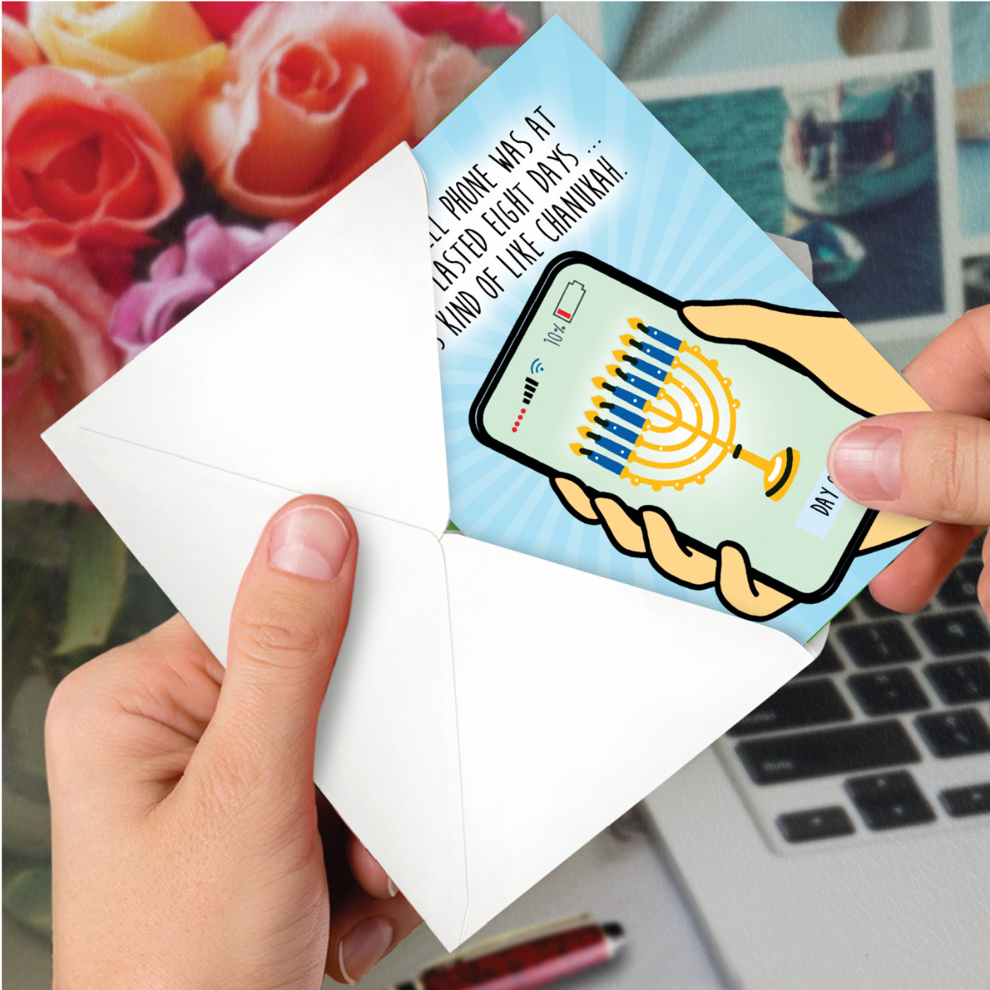 Cell Phone Miracle: Humorous Chanukah Paper Greeting Card