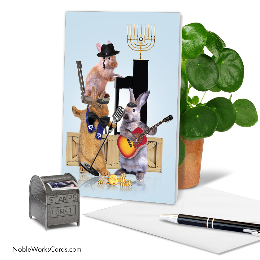 Menorah Animal Bands-Rabbits: Artistic Chanukah Printed Card